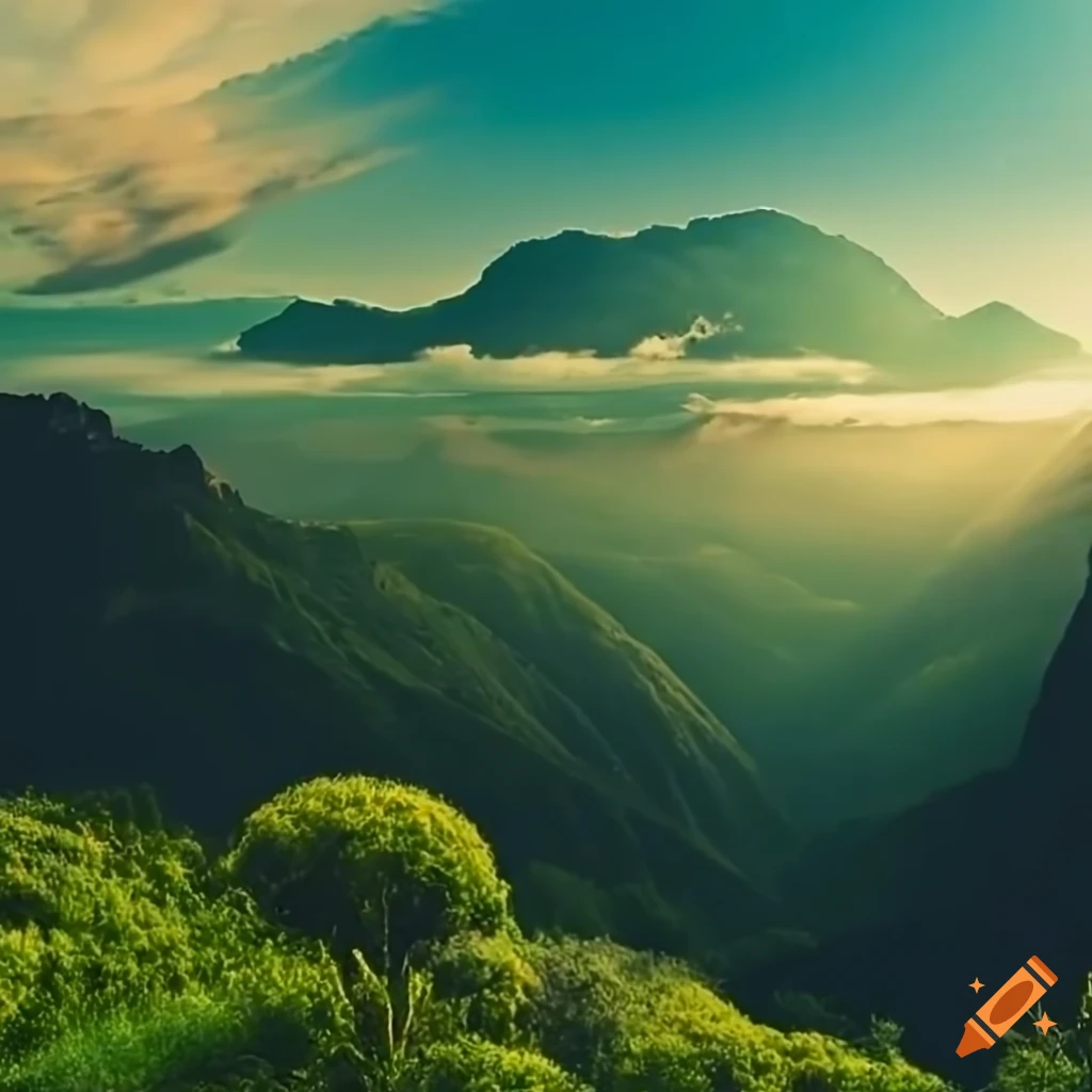 Green mountain with one leopard with sun and white clouds in the sky on ...
