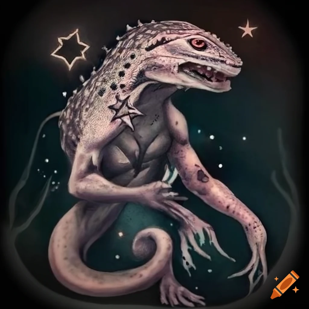 Gray lizardfolk with star constellation tattoos on Craiyon