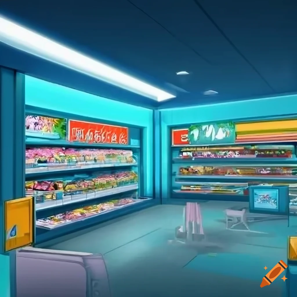 Arcade-themed supermarket, key anime visual, interior shot
