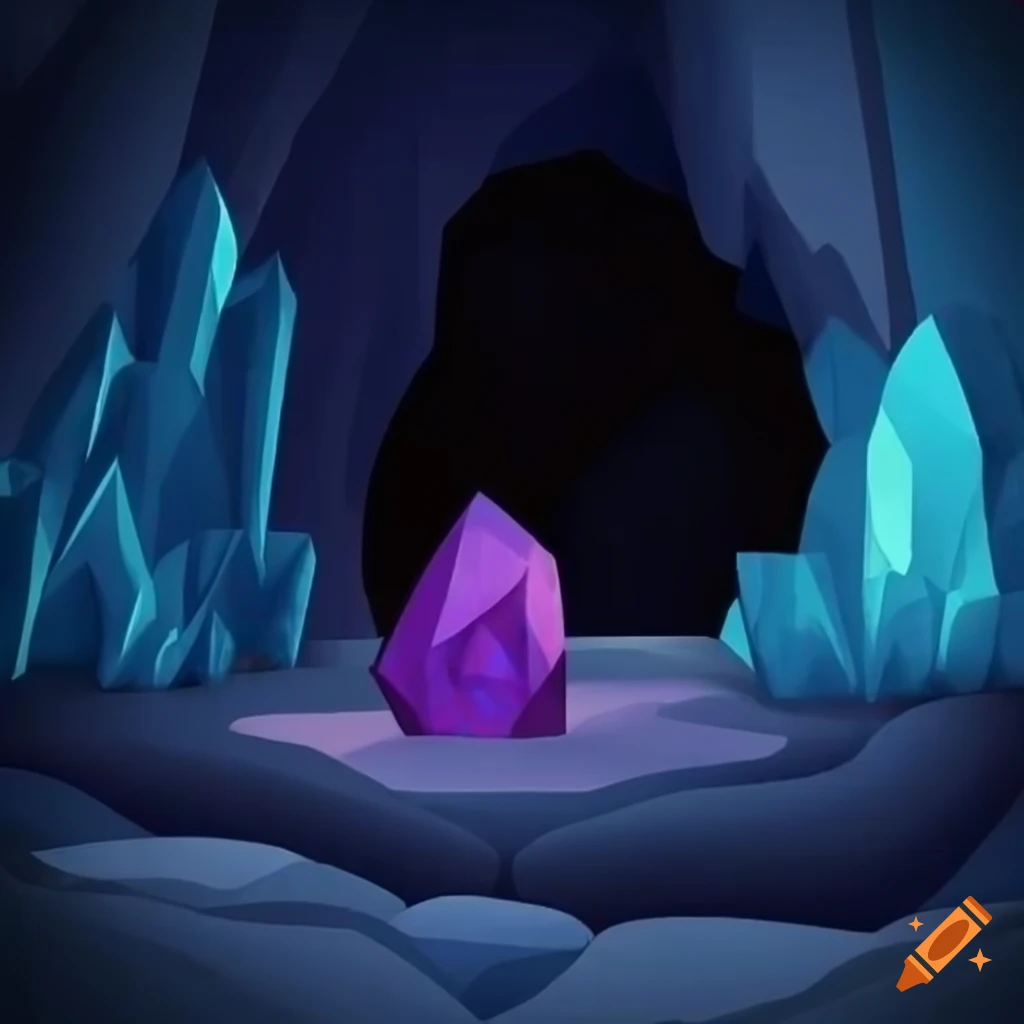 The dark entrance to a cave of crystals in a cartoon rendering on Craiyon