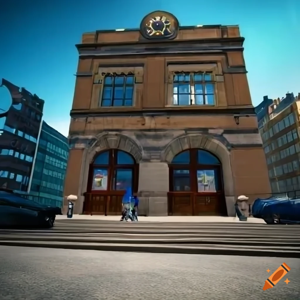 Police station during a sunny day computer game style with a city in ...