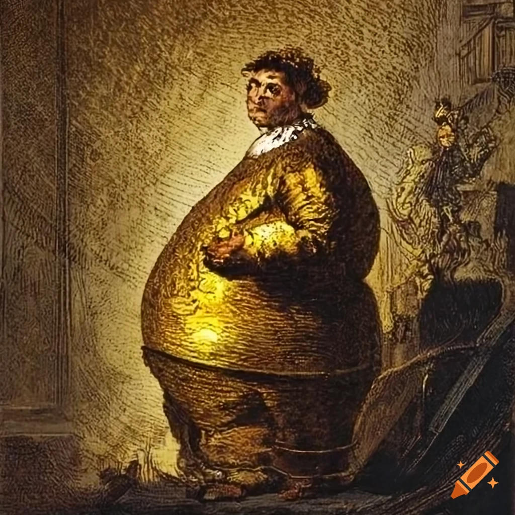 Gold suit fat man stands cramped in small golden cage sunbeams, at ...