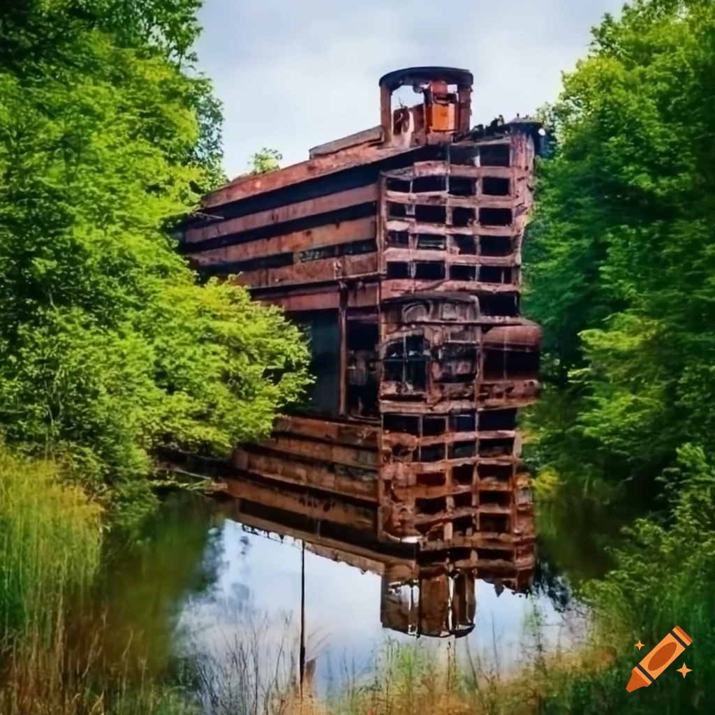 Rusty factory structures (not buildings) in forest sunny weather, full ...