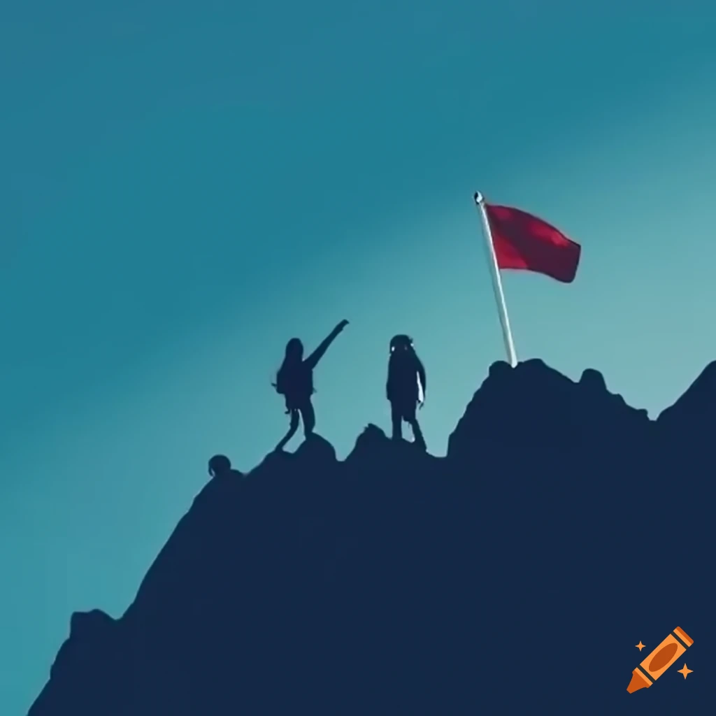 People climbing a mountain. On the top is a flag. One person is at the ...