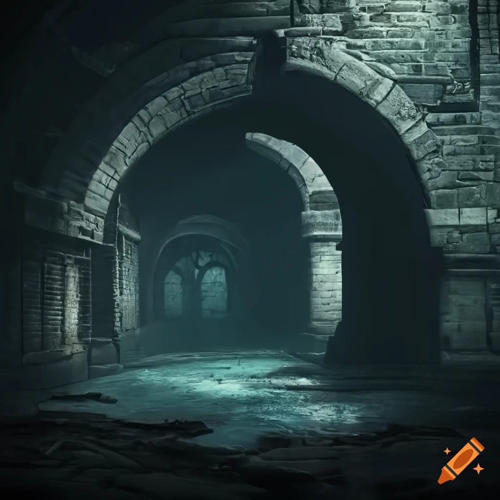 Landscape view of a tunnel in sewers made of crumbling bricks with low ...