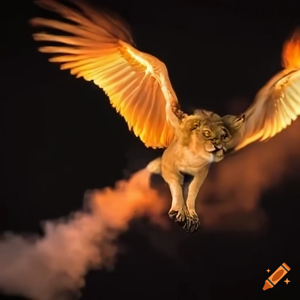 Lion having wings and flying in the fire air