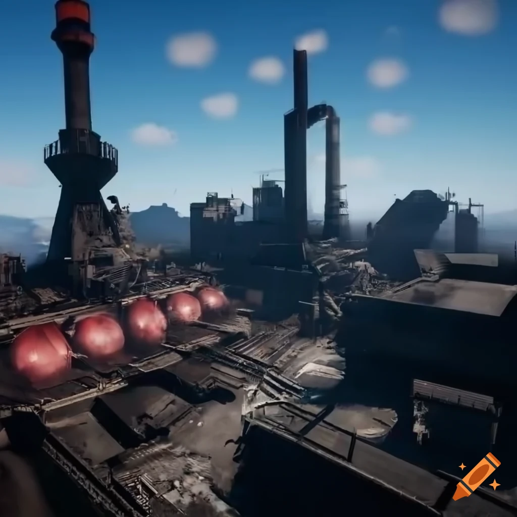 Unreal engine 5 aerial view of sci-fi industrial zone with factory ...