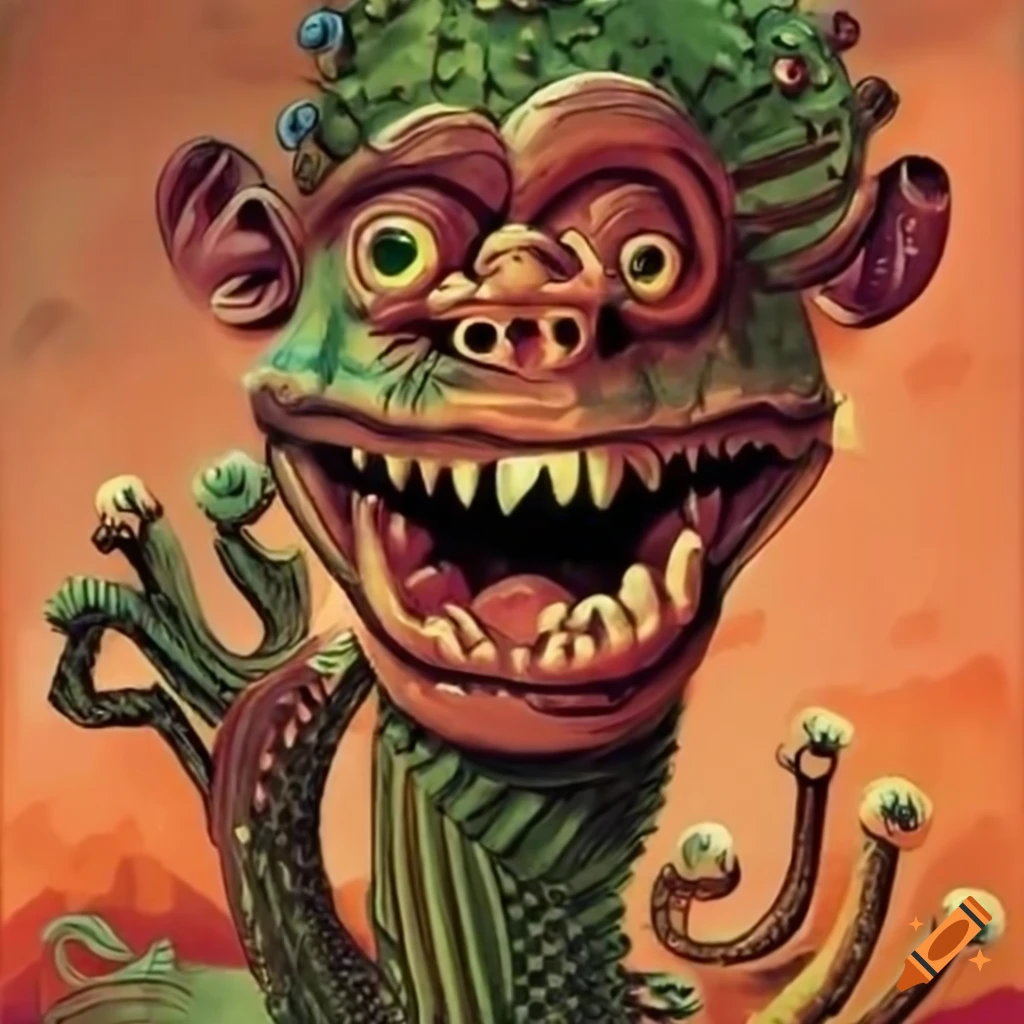 Grotesque cartoon monster style 1950 with extra terrestres et soucoupes ...