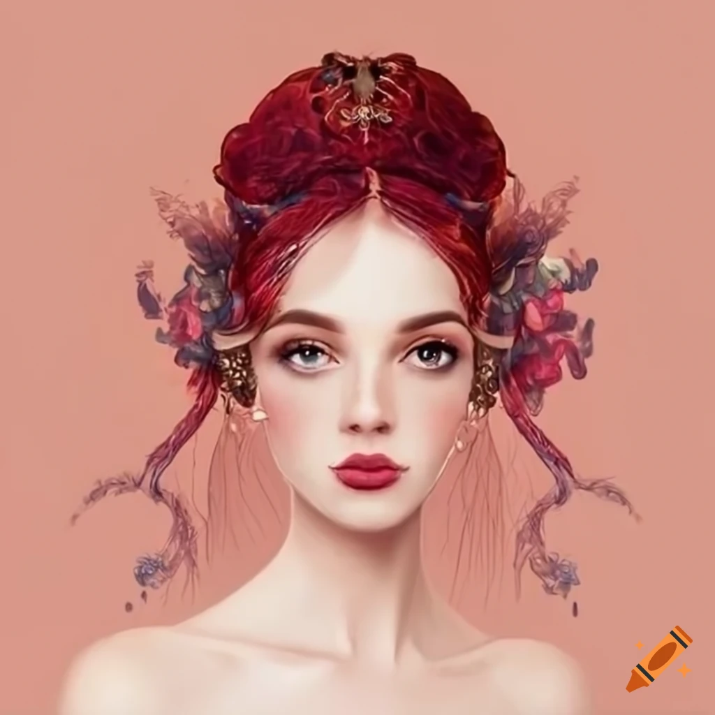 Generate a beautiful girl in the style of a nymph with an over the ...