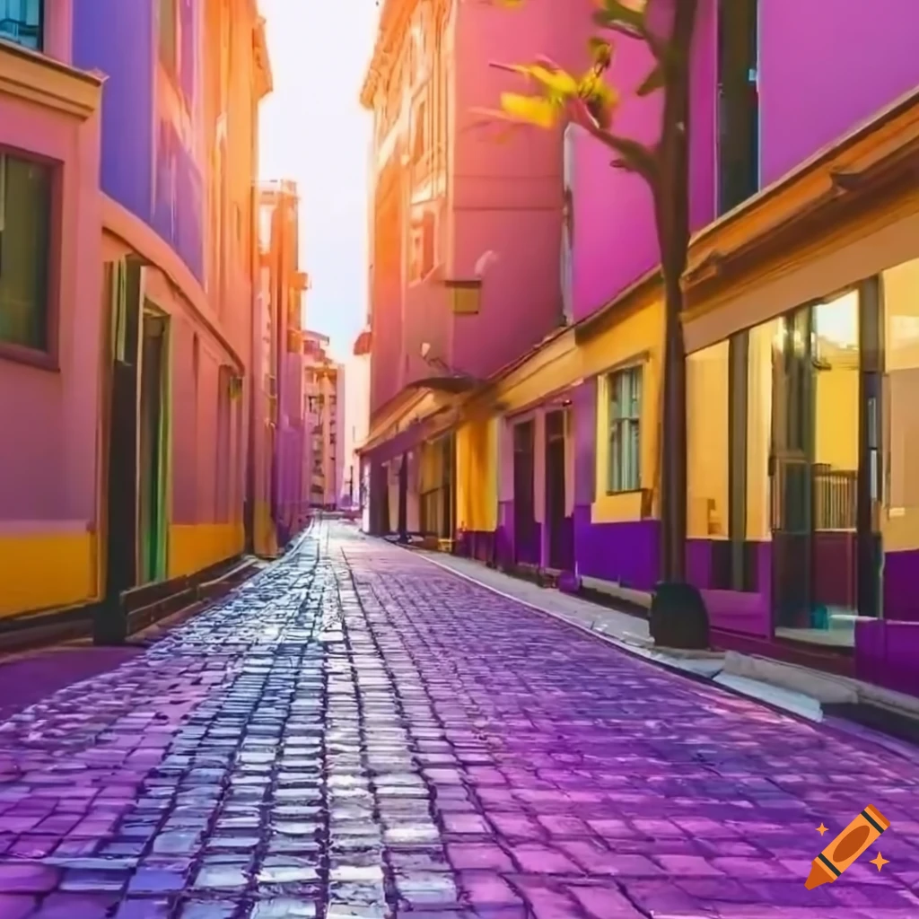 Peaceful purple colourful downtown street while the sun is rising on ...