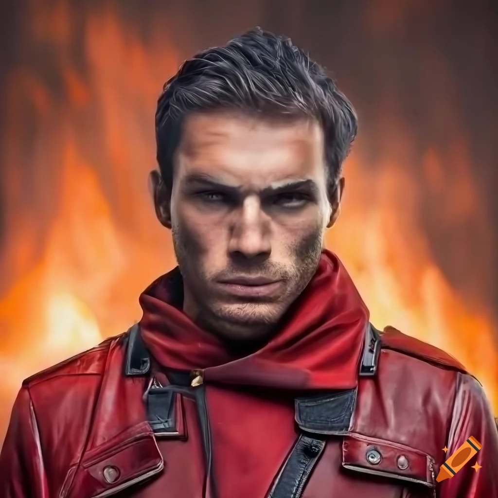 Beautiful face of a rugged and muscled man wearing a leather jacket and ...