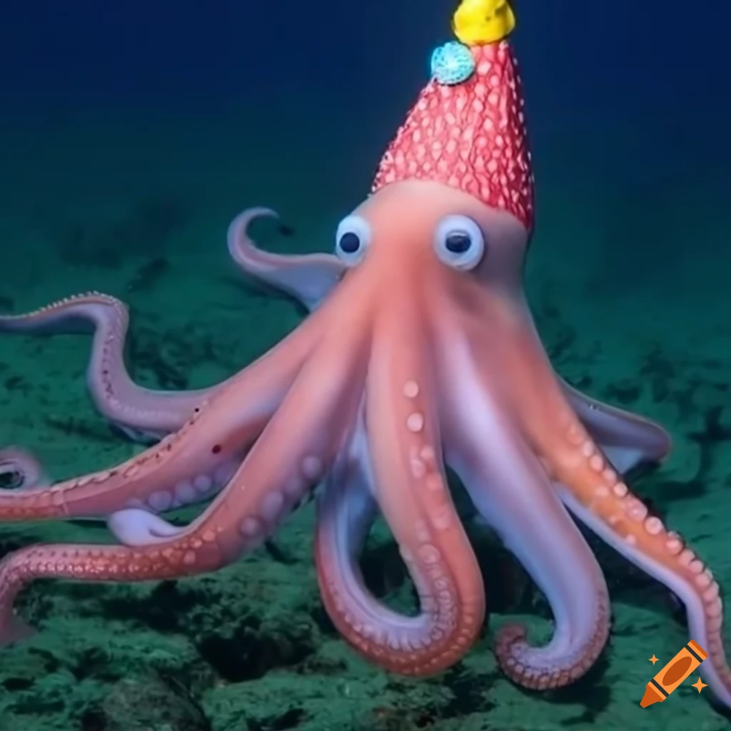 Dumbo octopus with a festive hat exploring the deep sea on Craiyon
