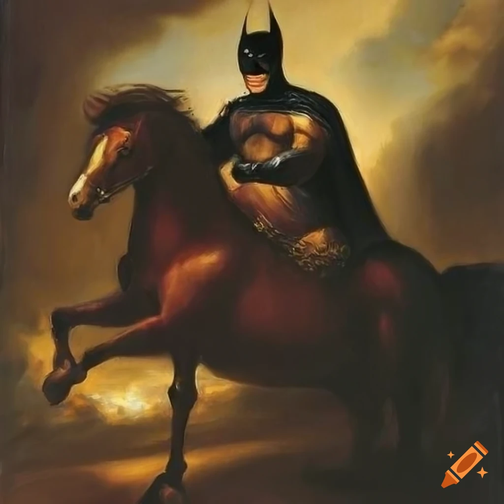 The Batman riding a rearing horse, oil painting in the style of ...