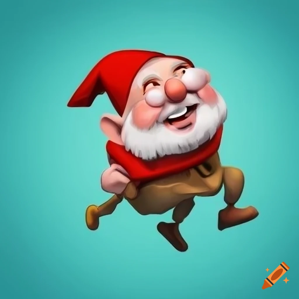A cartoon image of a cloudy dwarf with a red cap jumps into the ...