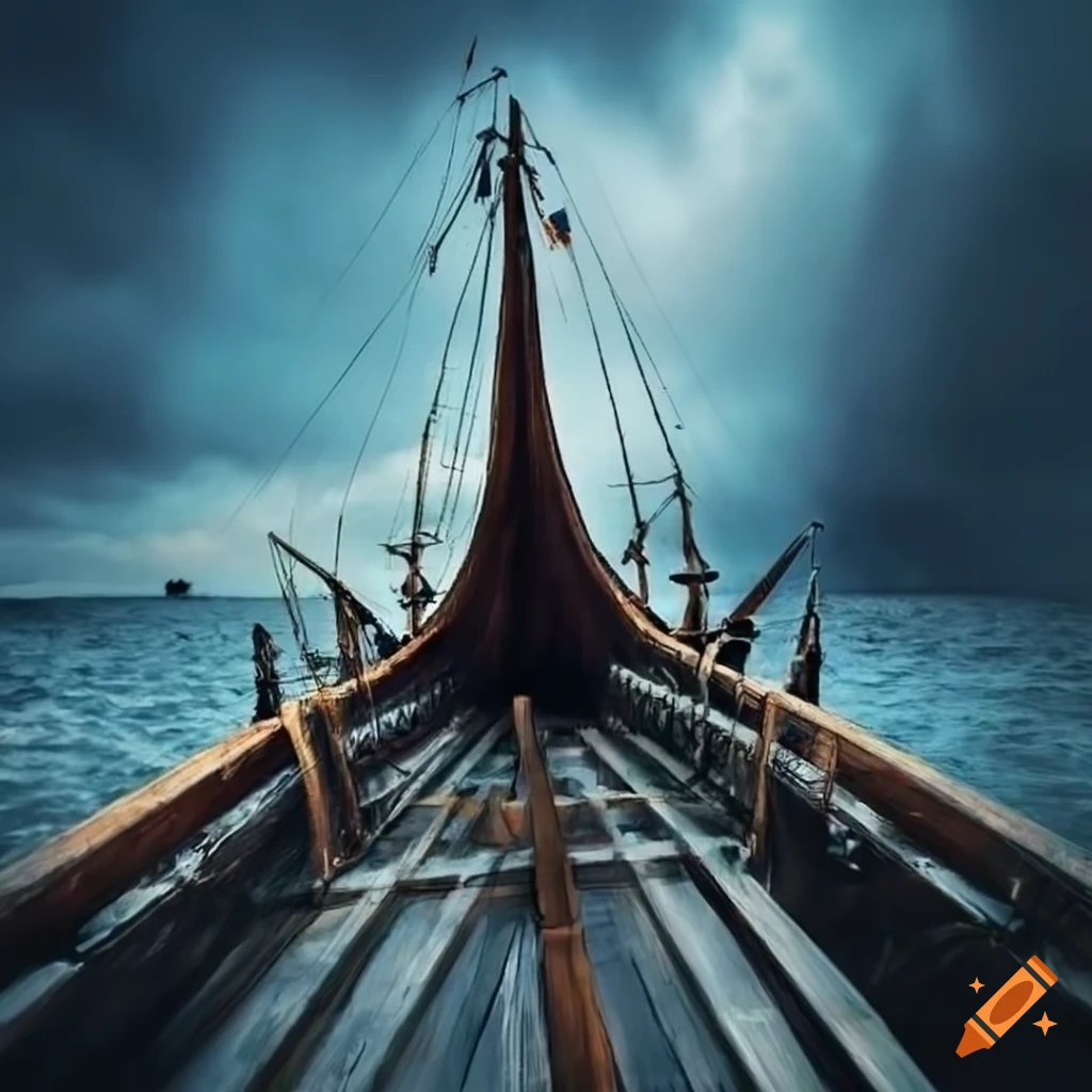 A first-person view from inside a viking ship, with the mariners oaring ...