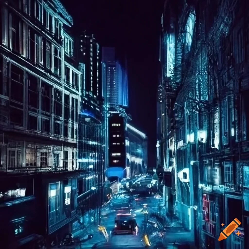 Nightmarish tech city at night