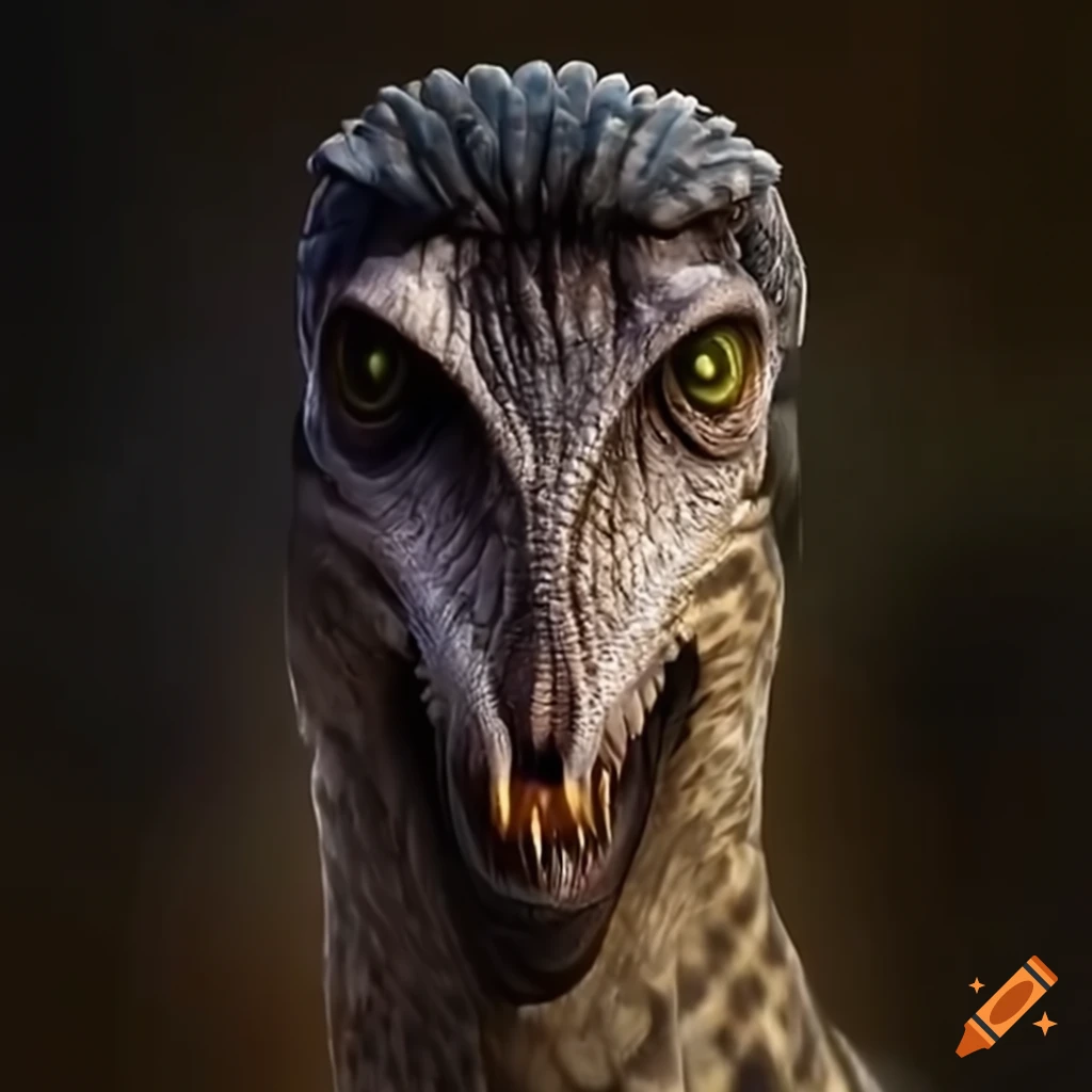 The terrifying face of a feathered velociraptor, nose-on on Craiyon