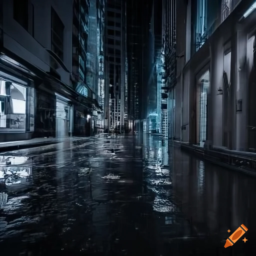 Modern luxury futuristic alley with modern skyscrapers at night raining