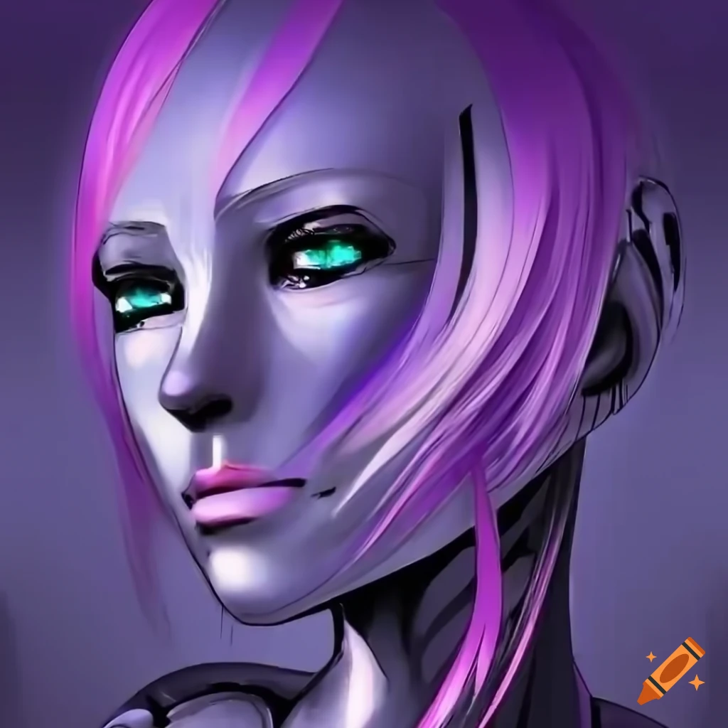 Killing machine, liquid silver female robot with pink and purple hair ...