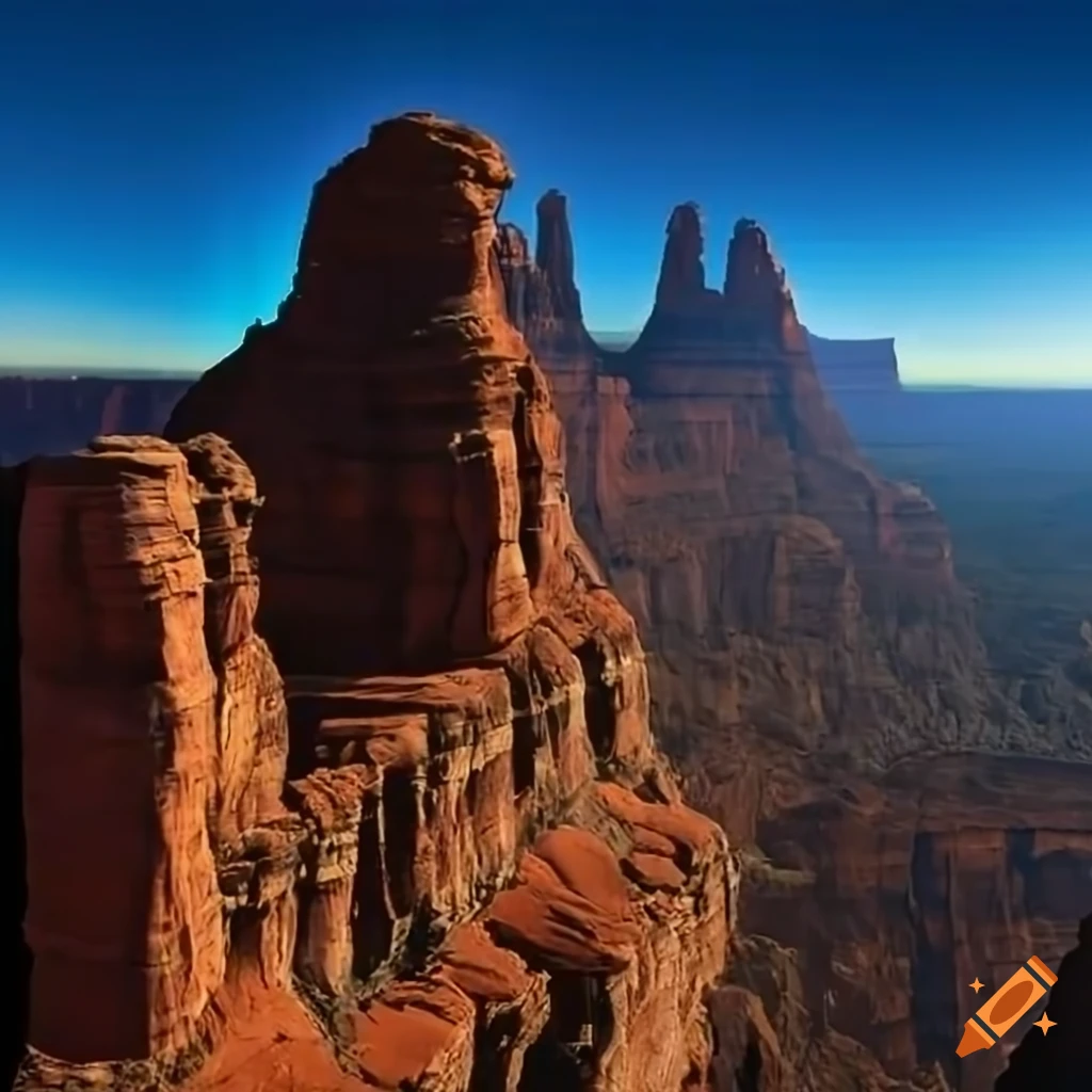 "Create a photorealistic vista from towering peaks, showcasing hikers ...