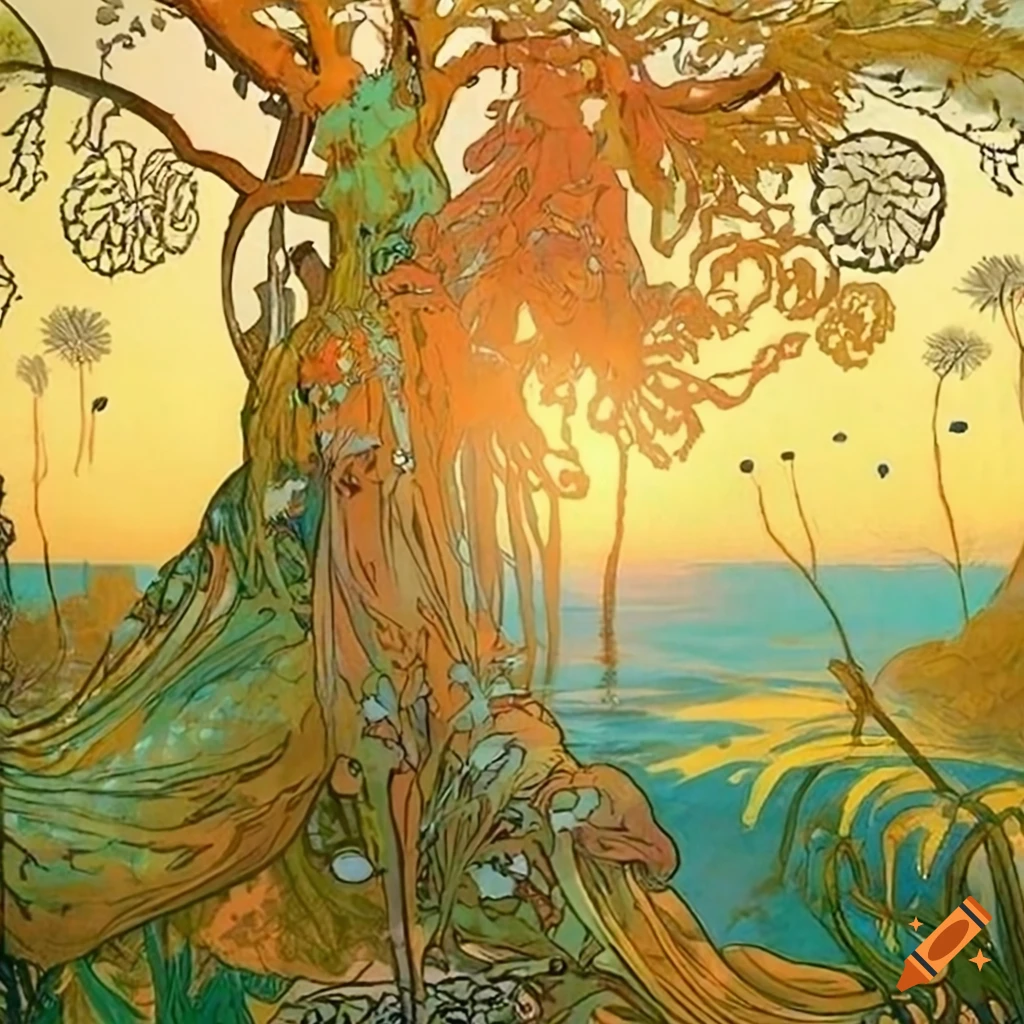 A glorious landscape at daybreak with dandelion trees, exotic fan ...