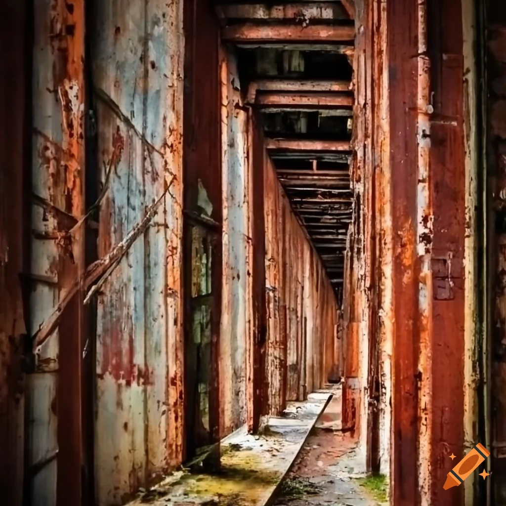 Rusty factory structures (not buildings) in forest sunny weather, full ...