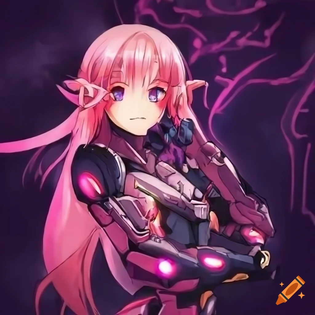 Anime mecha girl with pink hair and black eyes on Craiyon