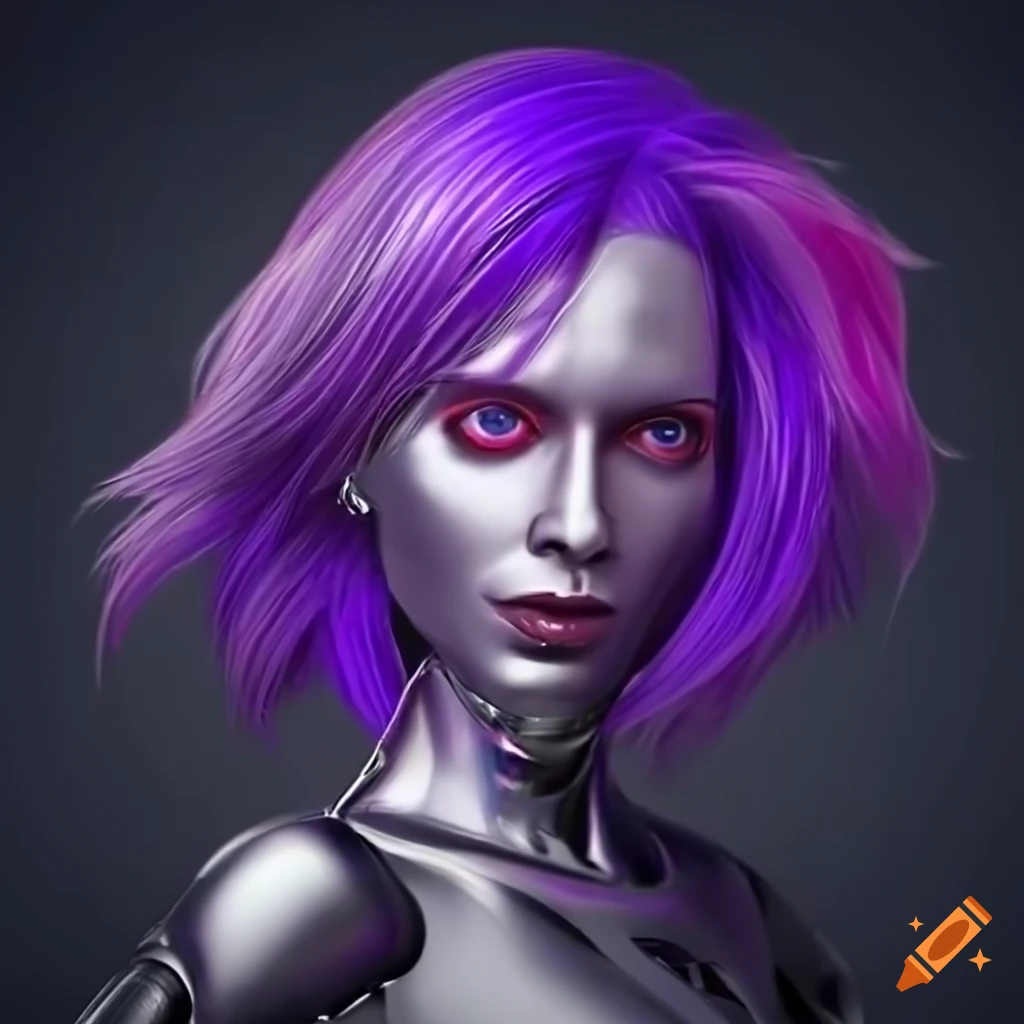 Killing machine, liquid silver female robot with pink and purple hair ...