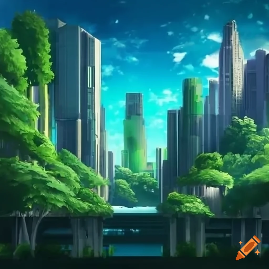 A futuristic cityscape with lush green forest nestled between buildings