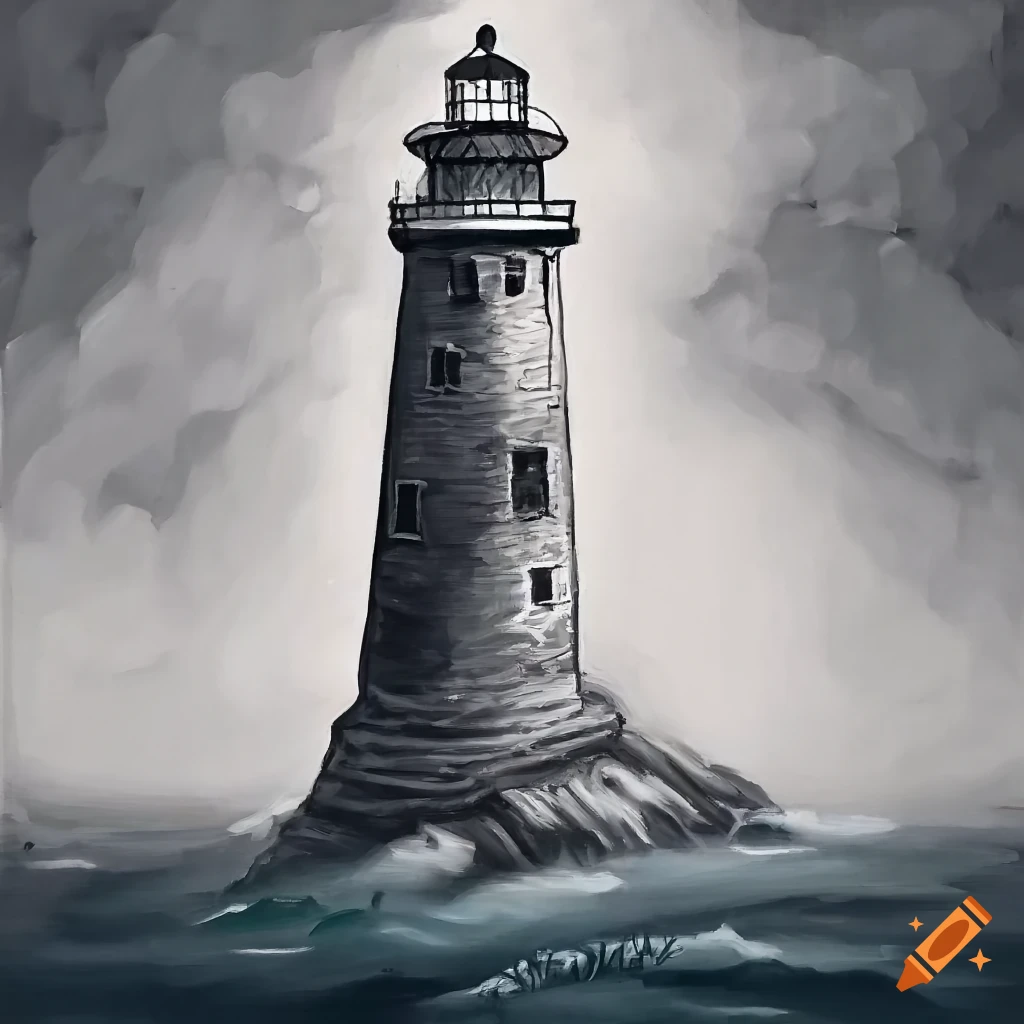 A large lighthouse on a cliff with a dense fog around it and a ...