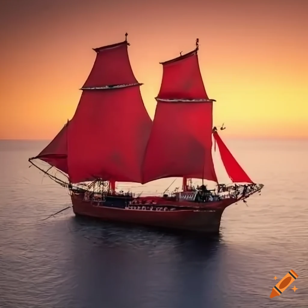A menacing pirate vessel with red sails and sharp contours