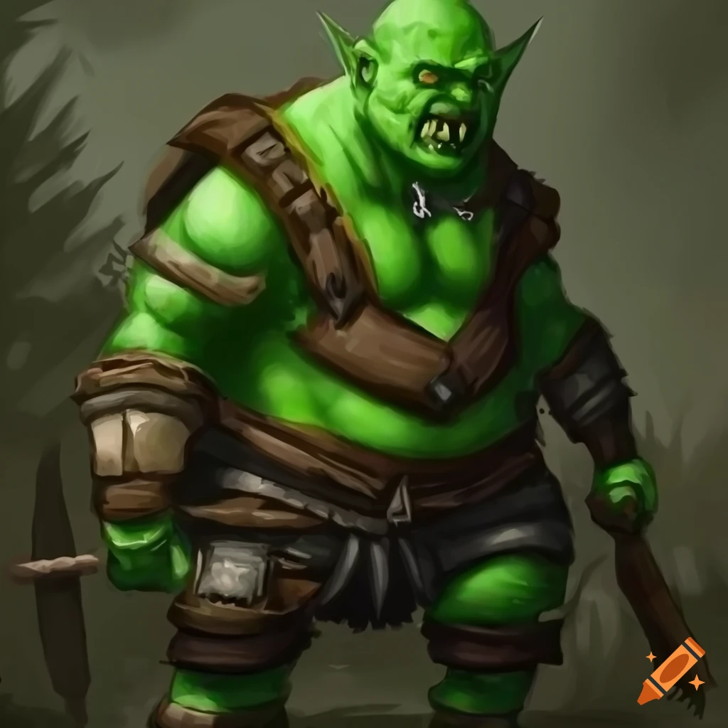 Fat bald green-skinned orc warrior with a huge belly and a full beard ...