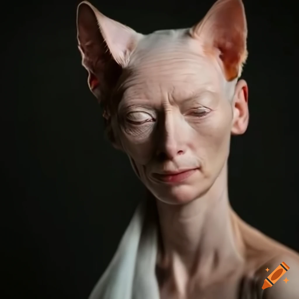 Portrait of tilda swinton kissing a sphynx cat captured with dramatic ...