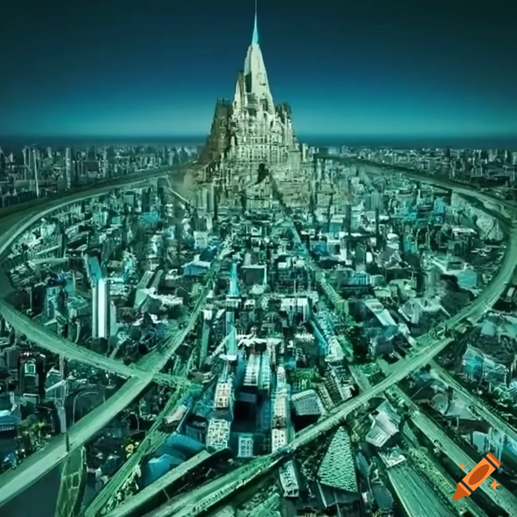 The tower of babel bosch combined with futuristic city with matrix signs