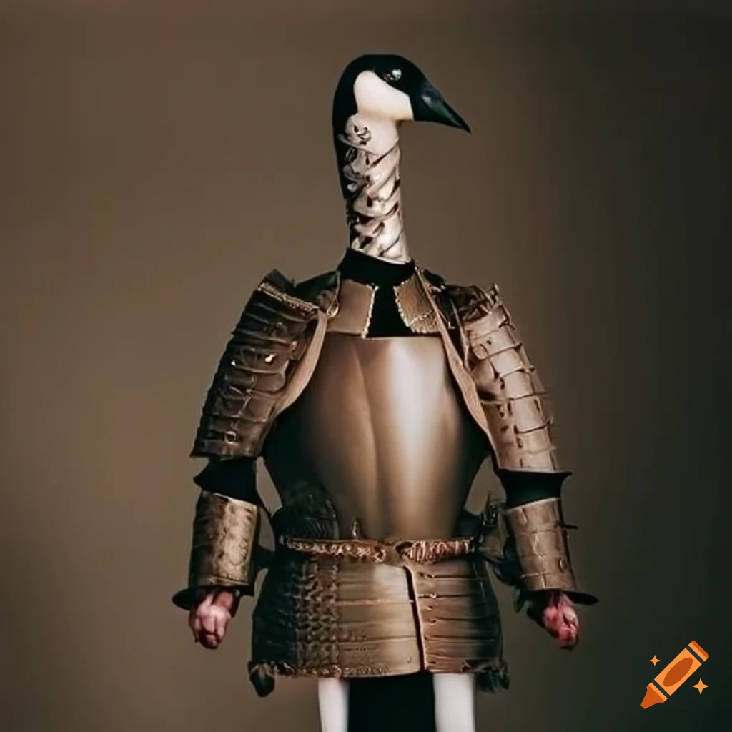 A regal canadian goose adorned in a suit of armor on Craiyon