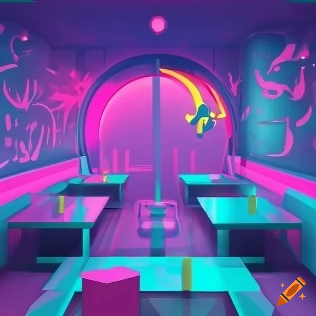 Vaporwave-themed fast food restaurant, key anime visual