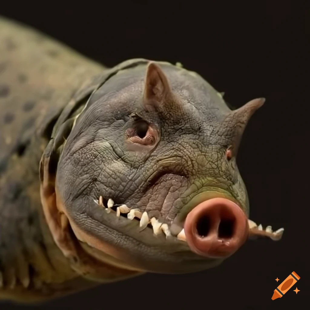 A scaly hybrid creature blending characteristics of a pig and a crocodyle on Craiyon