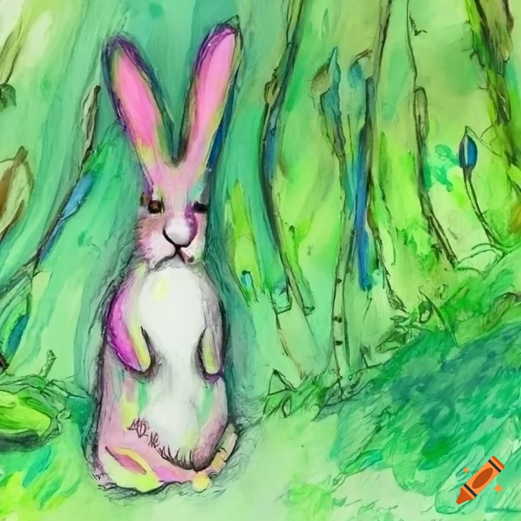 Sad and cute rabbit character, wide angle lens, looking up, in a ...