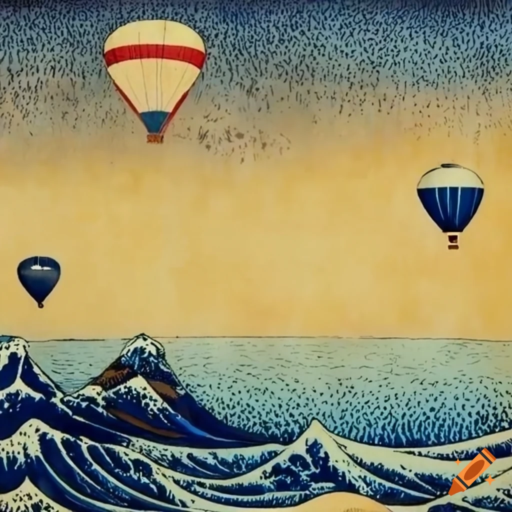 Gustav klimt hot air balloons rendered as a hokusai woodcut on Craiyon