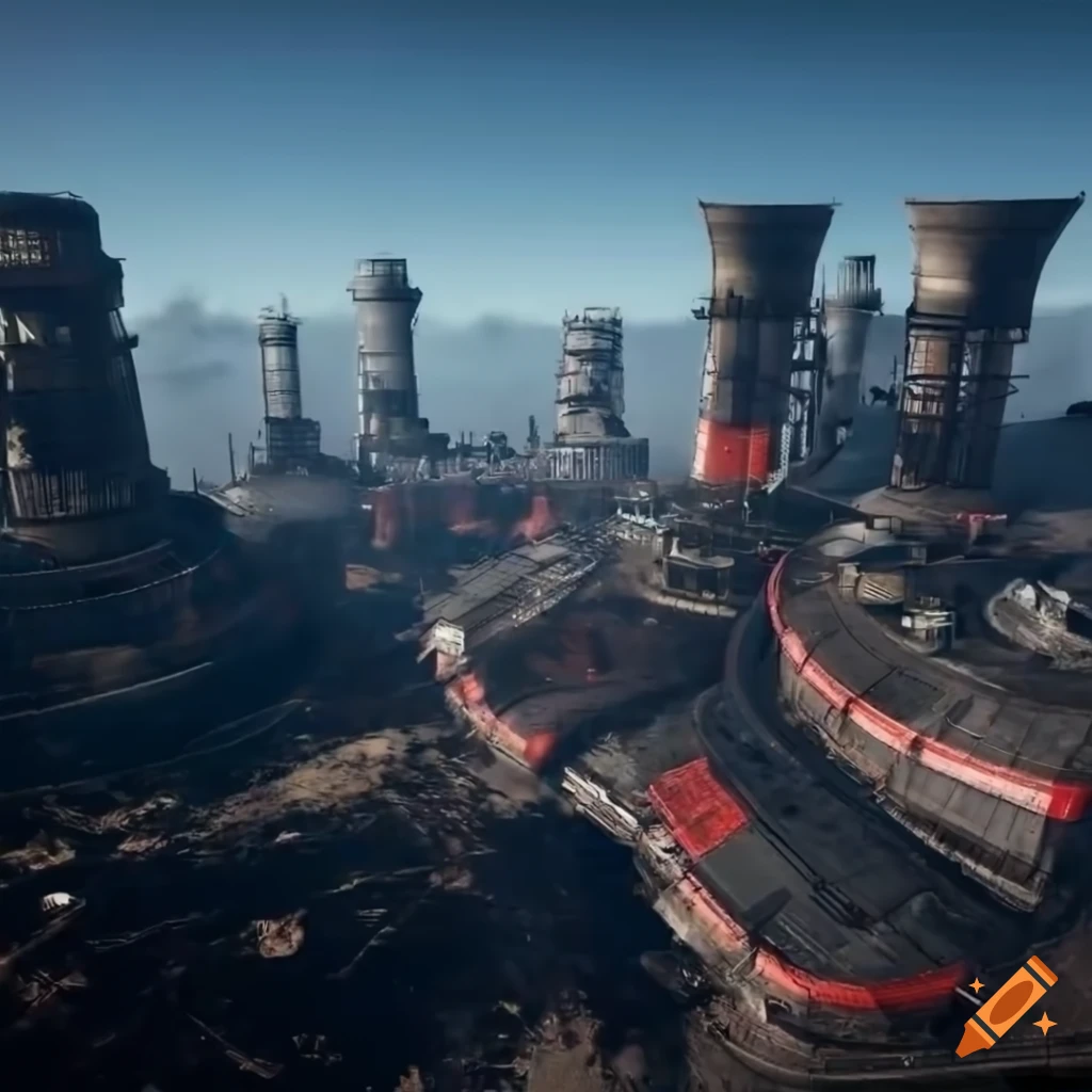 Unreal engine 5 aerial view of sci-fi industrial zone with factory ...