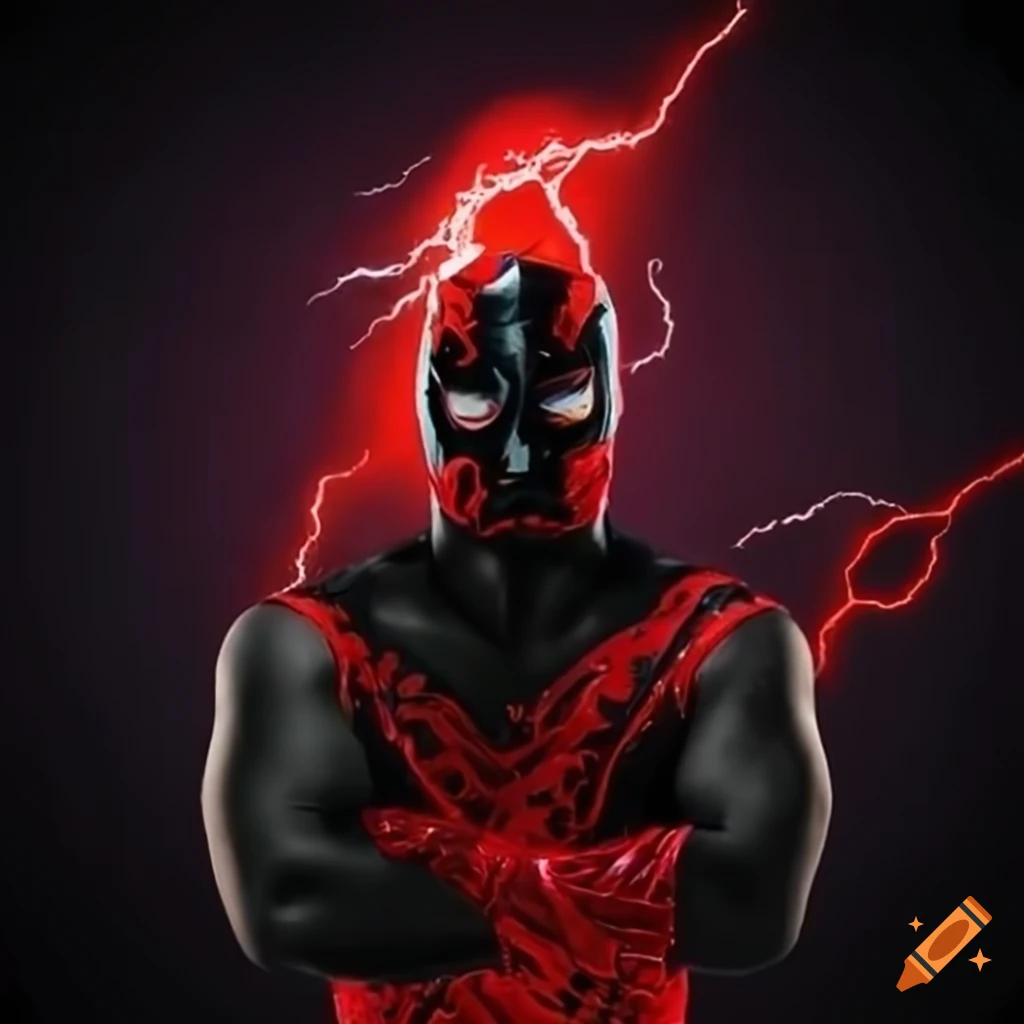 Superhero in a black mask with a red lightning on it wrestler luchador
