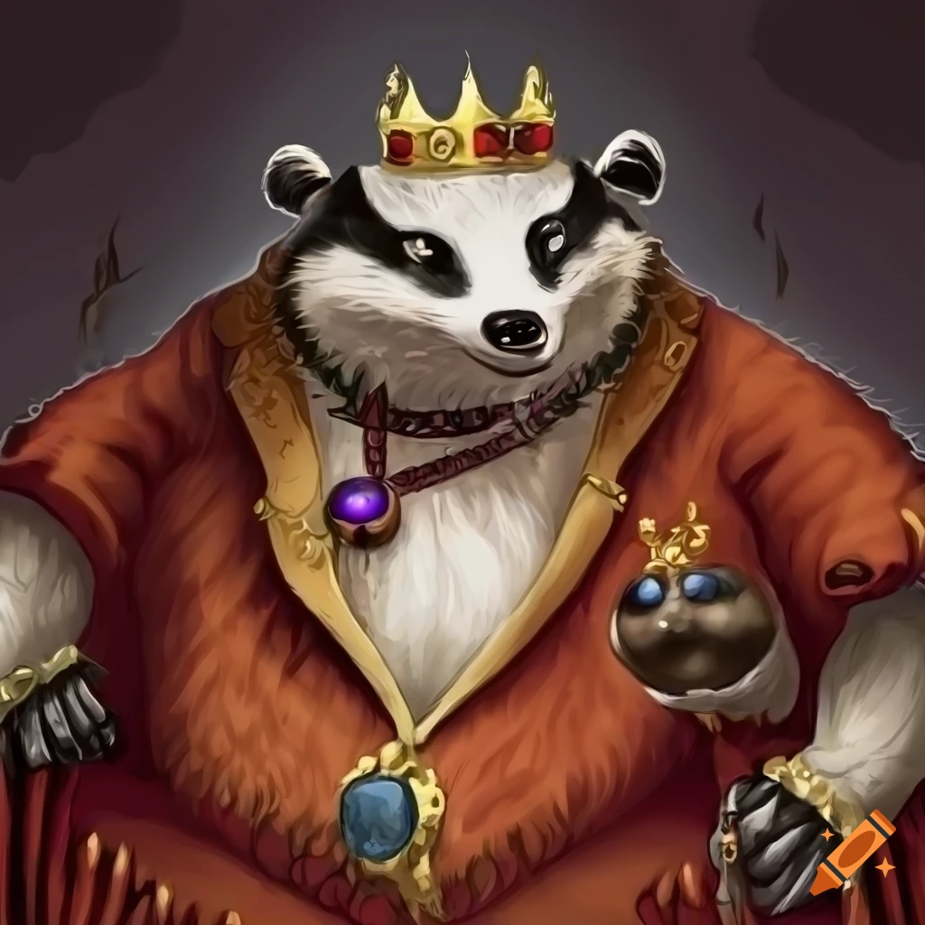 A fat gluttonous anthro badger king wearing a royal coat with jewellery ...