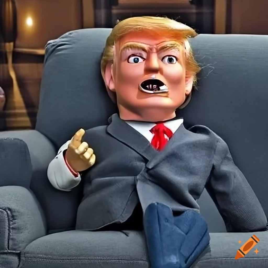 Trump as a dummy ventriloquist doll sitting slumped on a couch with a ...