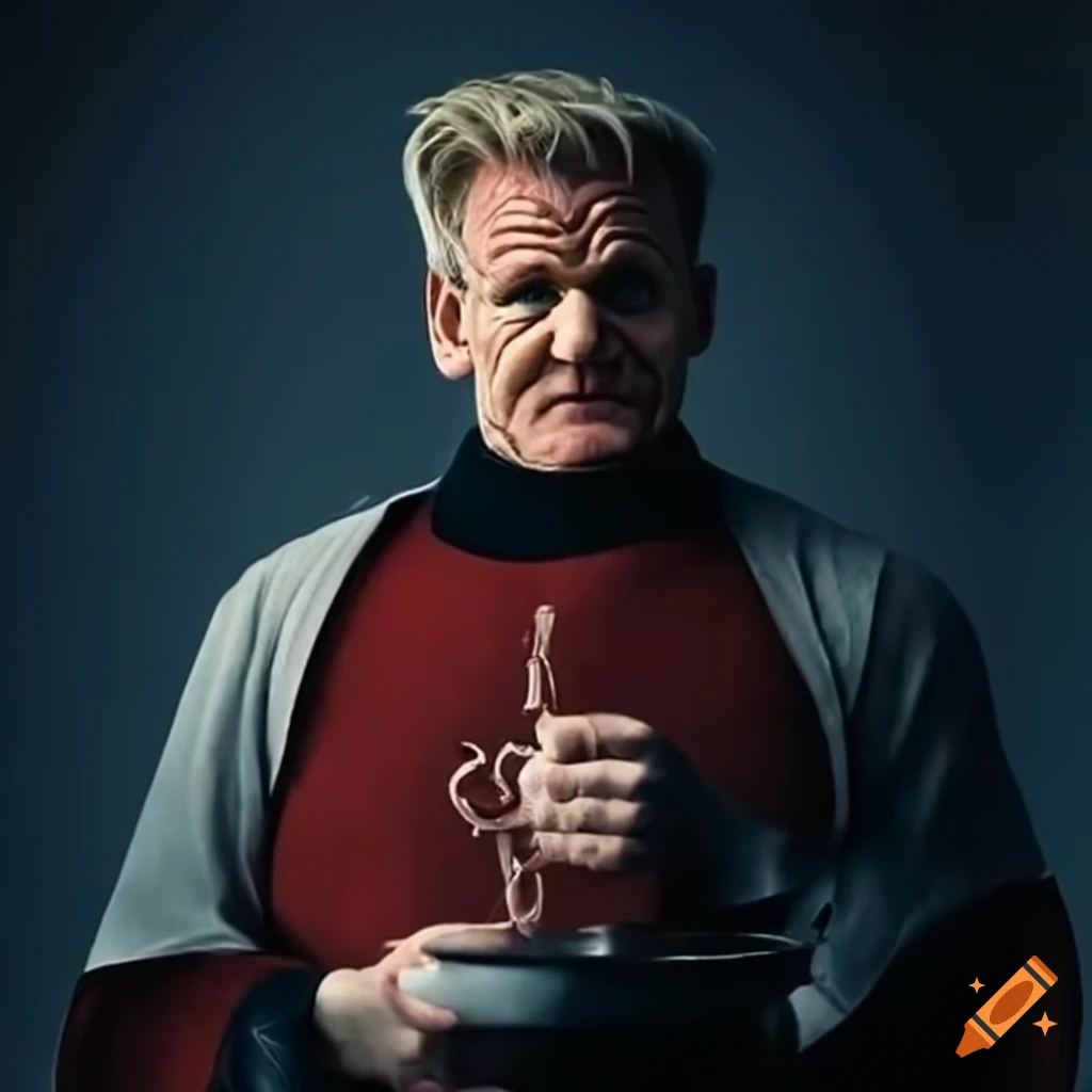 Gordon ramsay as a holy knight holding a frying pan on Craiyon