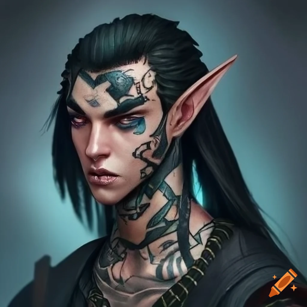 A male cyberpunk elf with dragon-scale tattoos on neck with cross ...