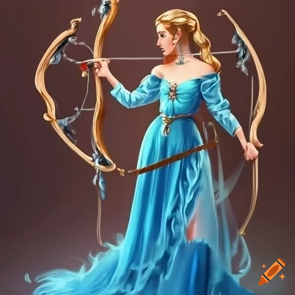 A graceful princess archer with a flowing blue dress and braided hair ...