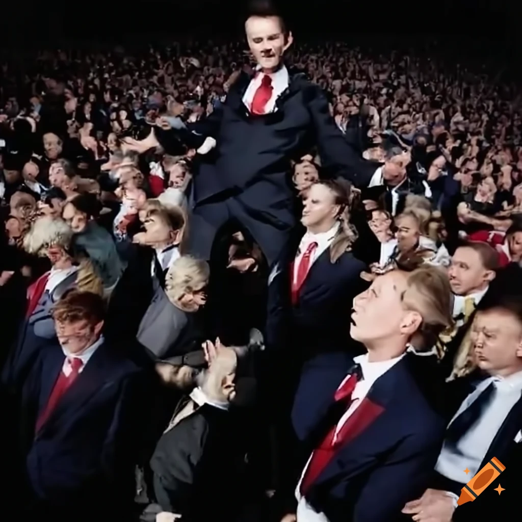 A guy jumping up really high above a crowd of people wearing suits