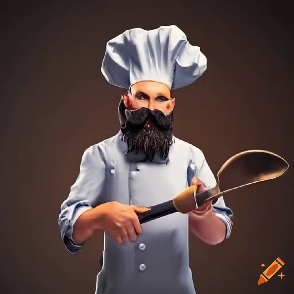 Dude moustache long hair chef toque chef hat holding spatula