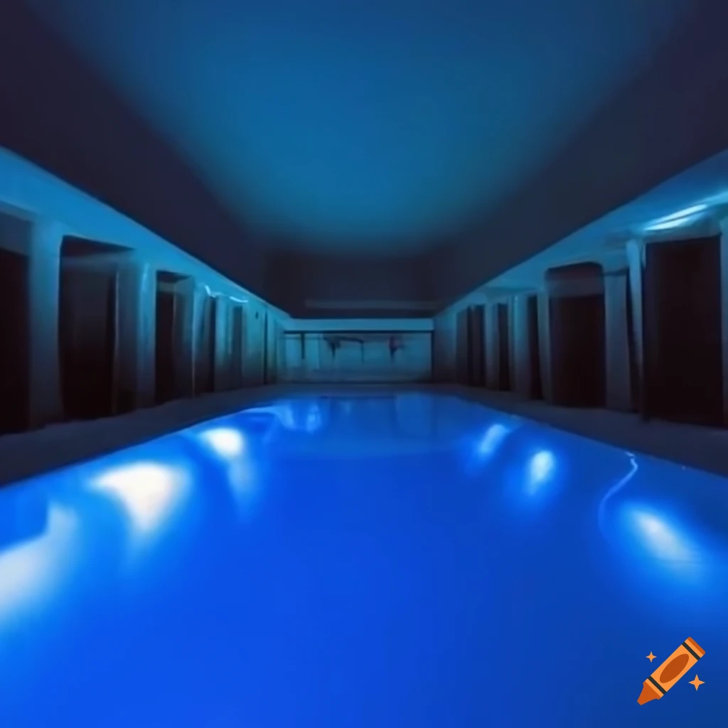 Liminal backrooms pool resort, blue lighting