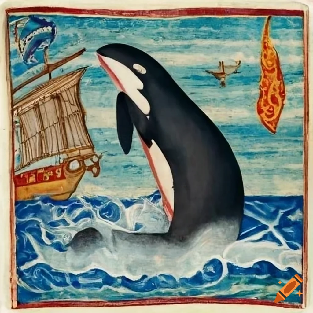 Medieval artwork of orca whale attacking a ship on Craiyon